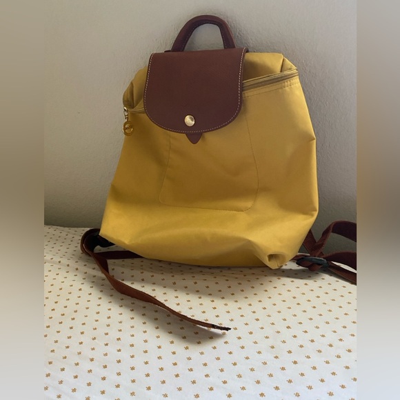 Longchamp | Bags | Longchamp Backpack Le Pliage Gold Yellow Brown Nylon ...